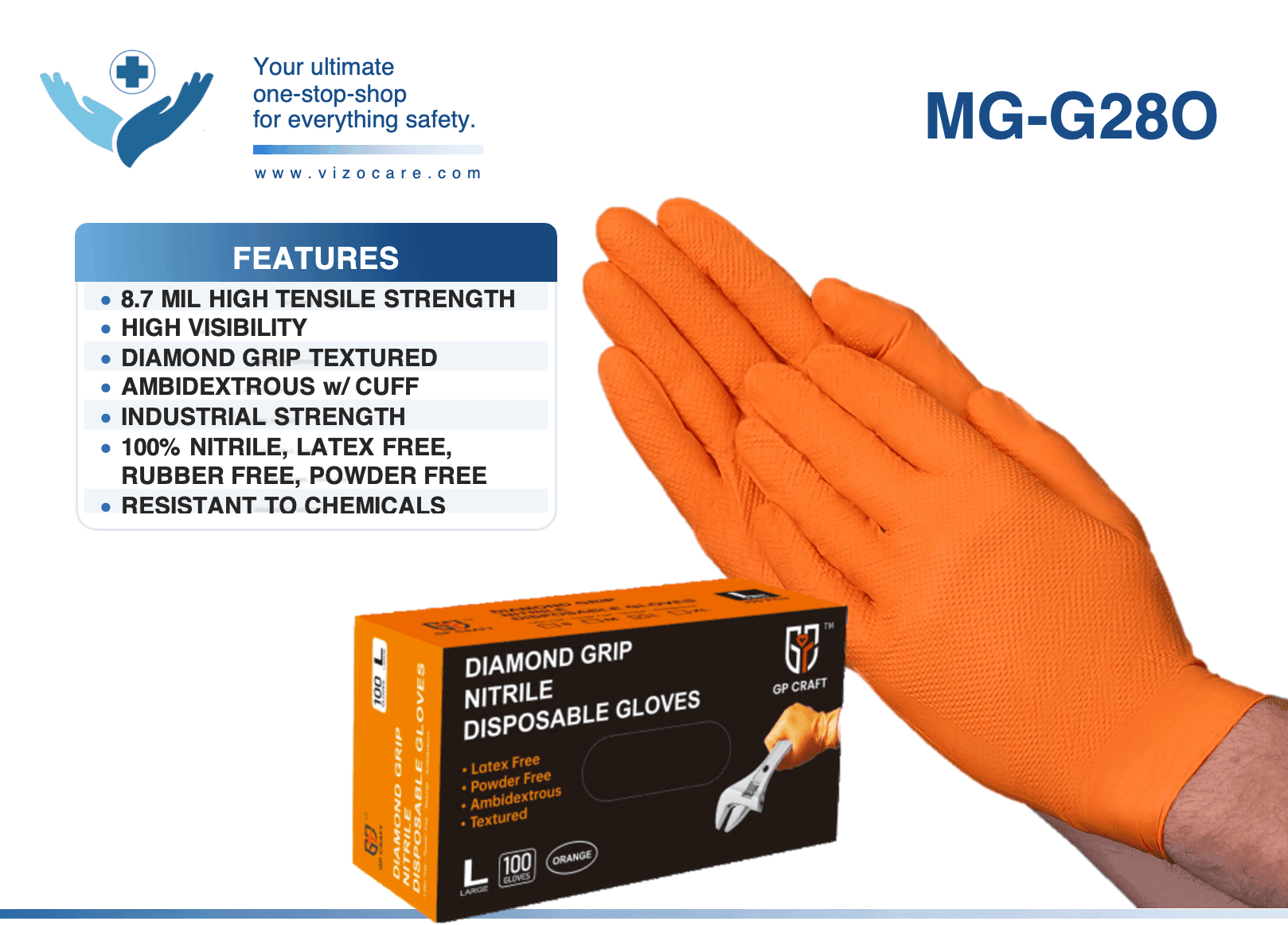 GP Craft 8.7 Mil Orange Nitrile Exam Diamond Grip Gloves, Case of 1000 pcs. (MG-G28O) – VizoCare