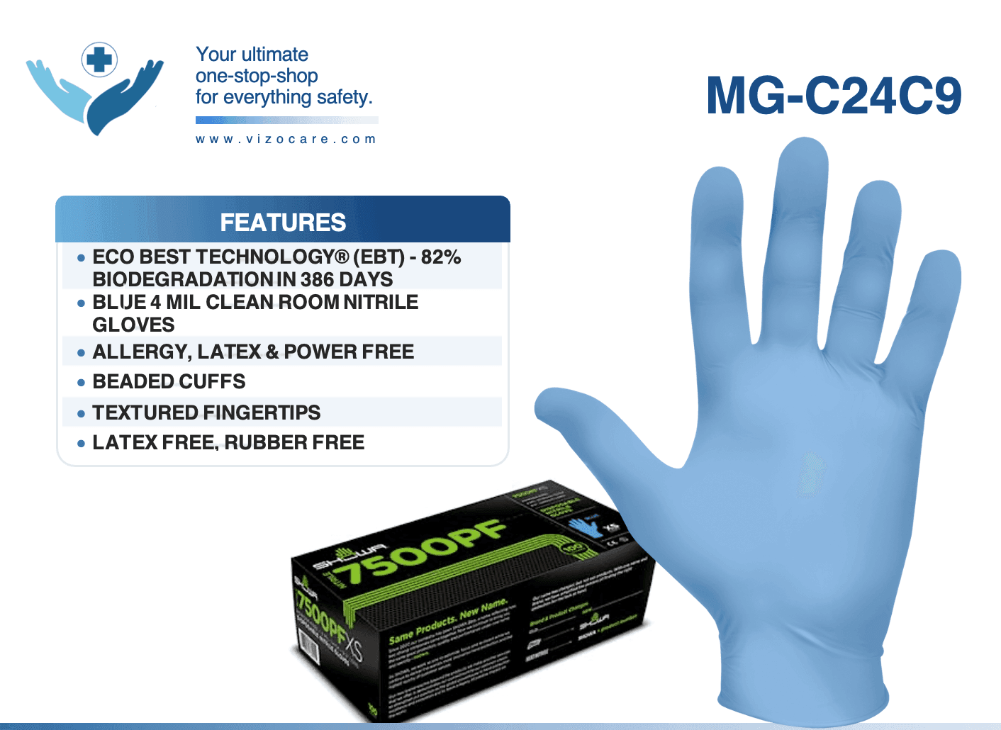 Clean Room Showa 7500PF 4 Mil Blue Biodegradable Nitrile Gloves, Case ...